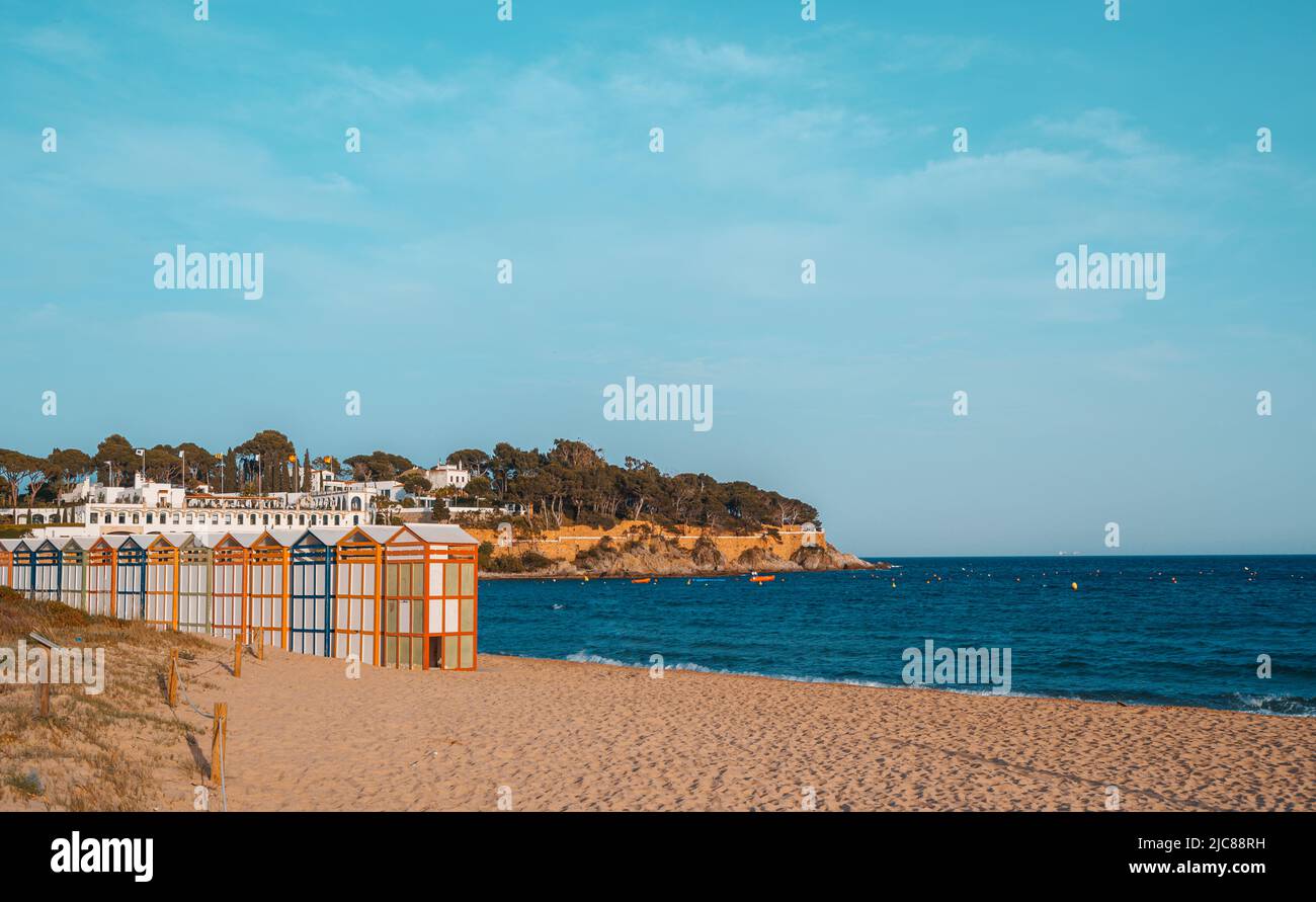 Famous beach huts in Sagaro with Playa de Sant Pol, Costa Brava. Spain ...