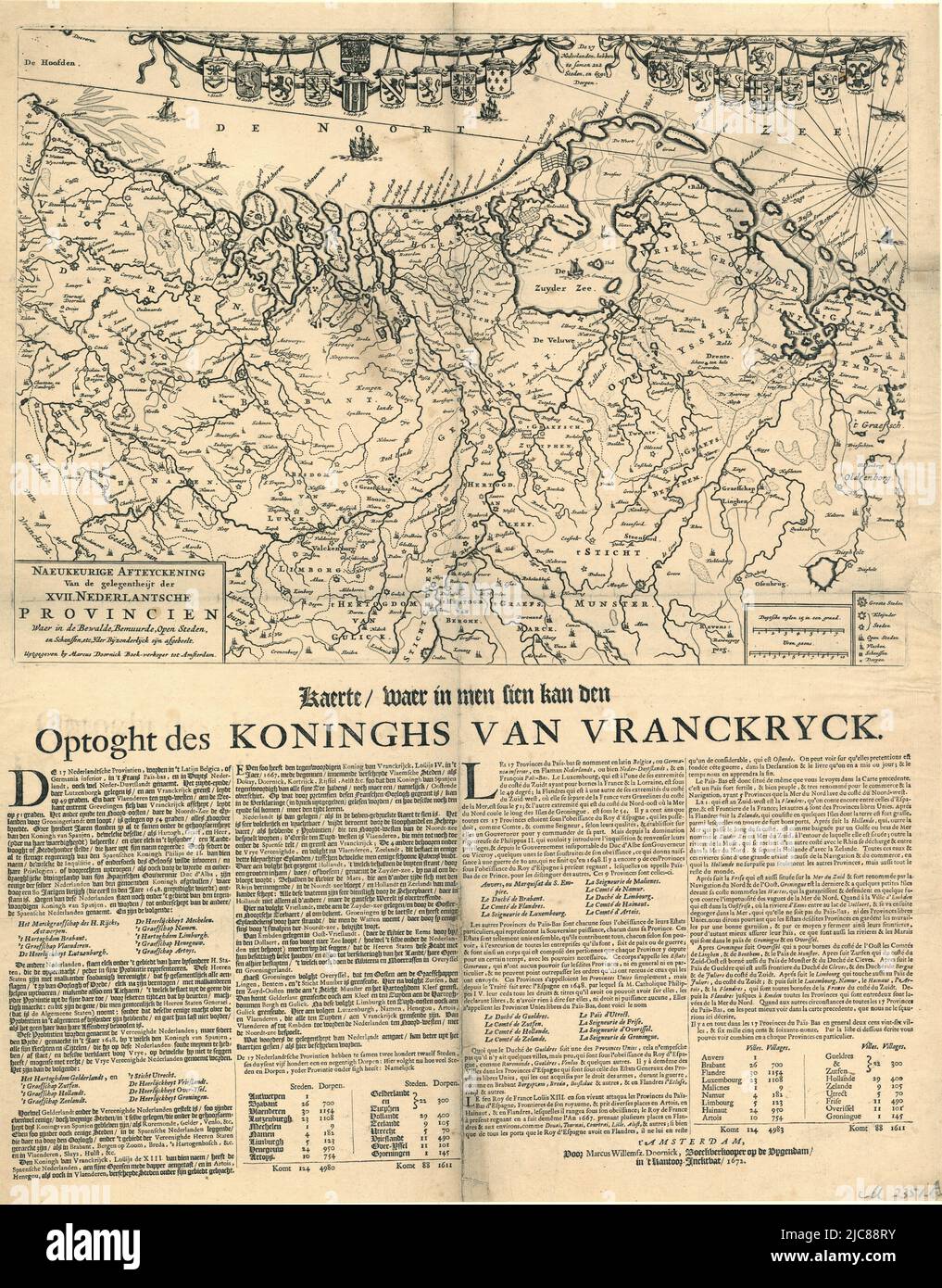 Map of the Netherlands, 1672. Below the map in 4 columns are ...