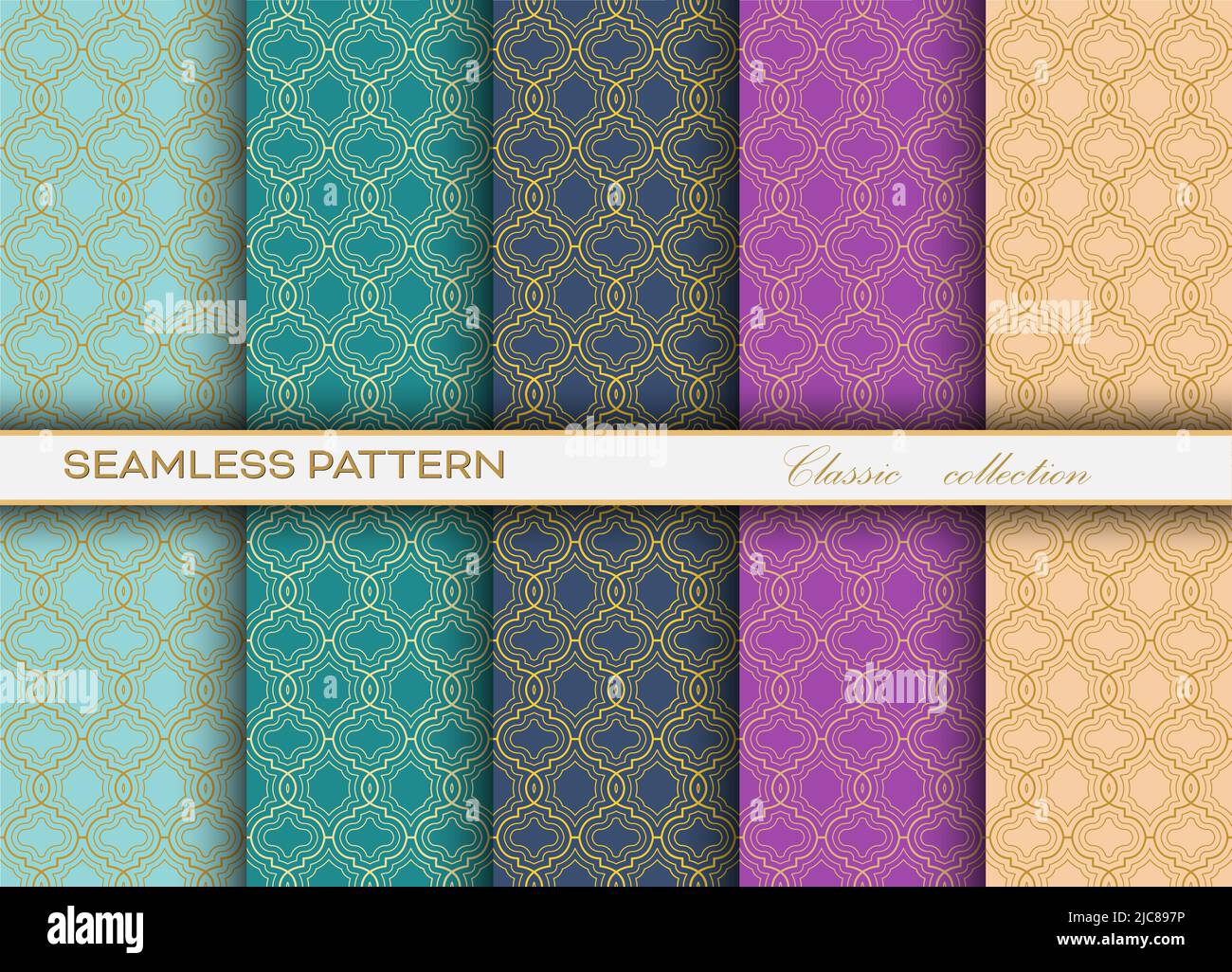 set of classic seamless decorative patterns with a golden openwork grid ...