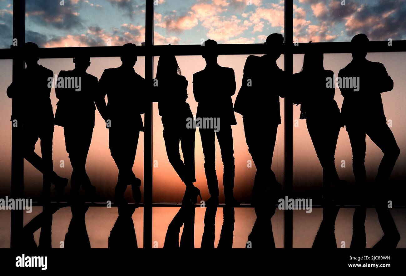 silhouette of a business team standing next to the office window ...
