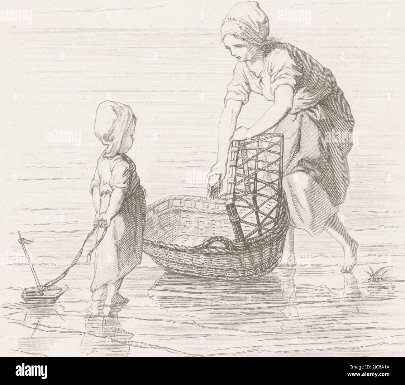 A young woman and a little girl are standing on the tide line. The ...