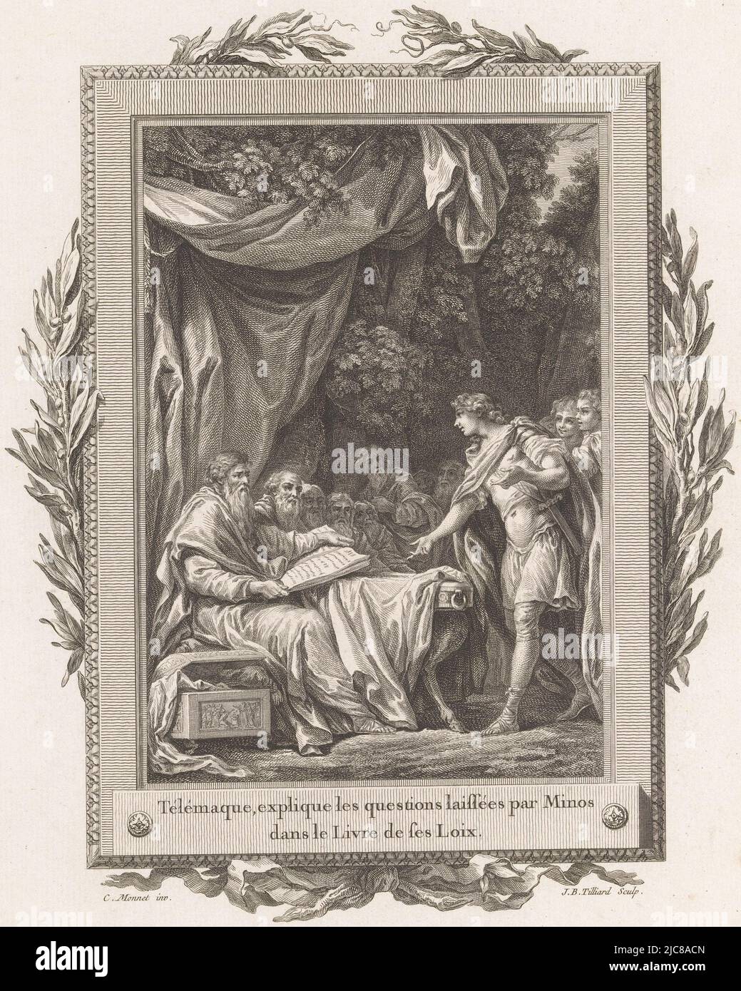 Telemachus on the right, stands before Minos, seated at a table with a ...
