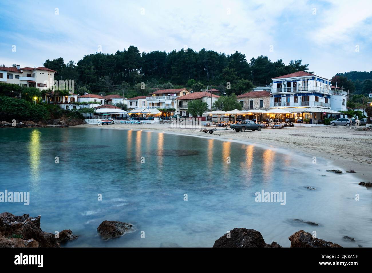Greek port town of Katigiorgis on Pilion at blue hour Stock Photo - Alamy