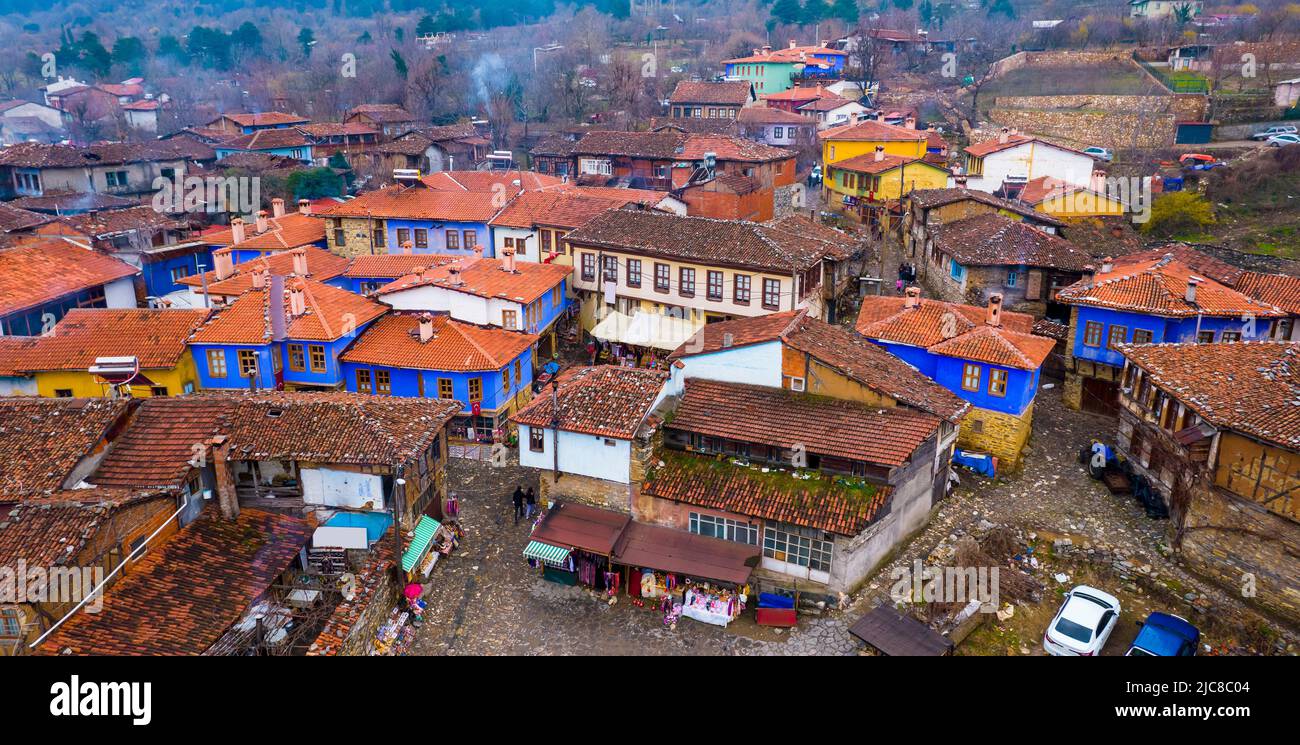 Aerial view of Cumalikizik Village in Bursa, Turkey. 700 years old ...