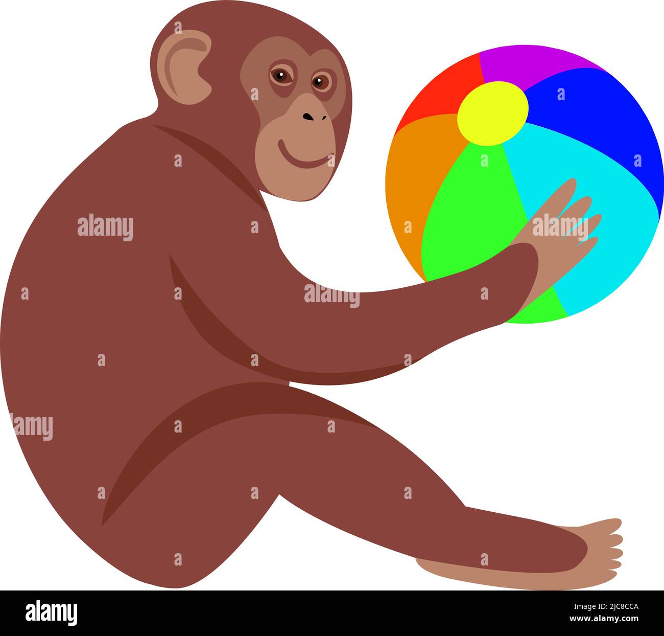 Monkey holds a childrens bright ball in his hand. Cartoon funny vector ...