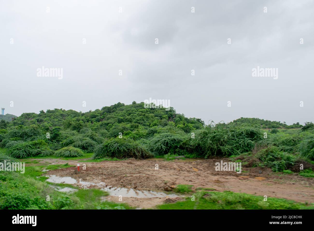 Sand ground in the middle pf grass lawn.View from Indian landscape ...