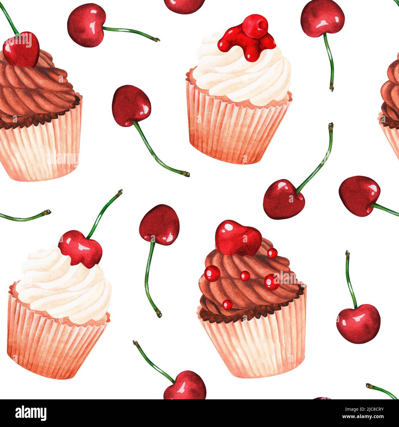 Cherry Cupcakes. Seamless Pattern. Watercolor illustration. Isolated on ...