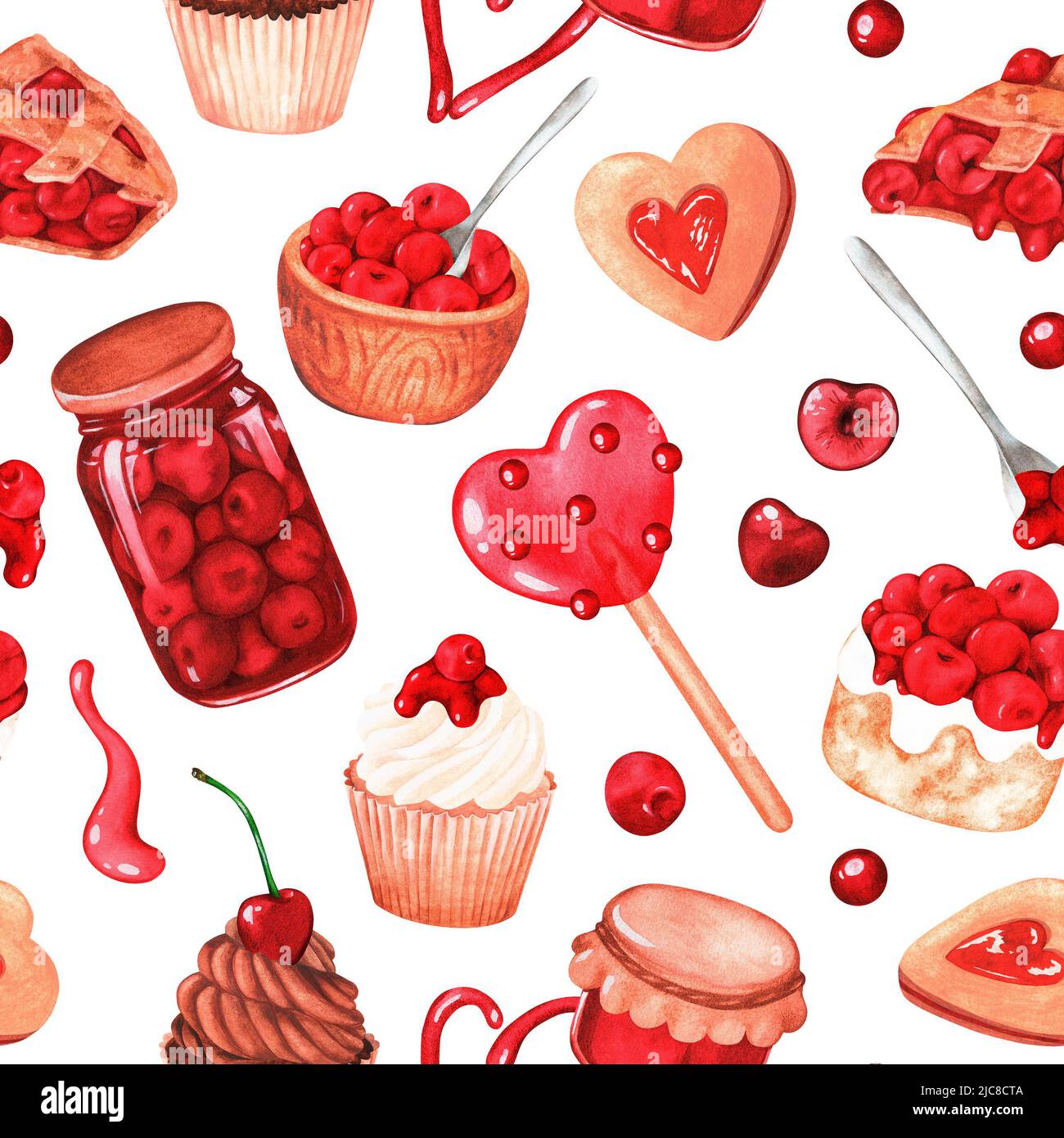 Cherry sweets Seamless Pattern. Watercolor illustration. Isolated on a ...