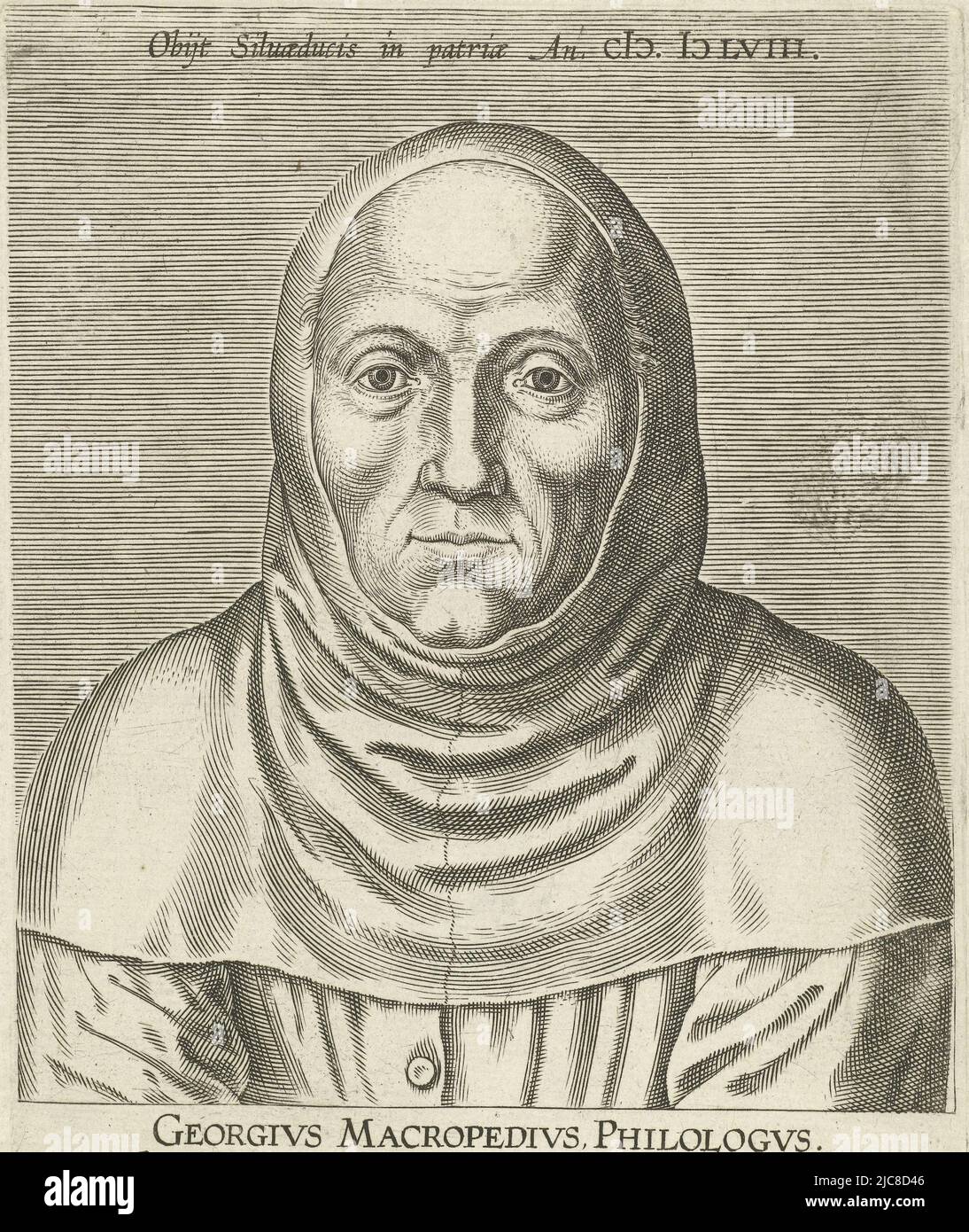 Portrait of Georgius Macropedius, Dutch scholar and humanist. Bust to ...