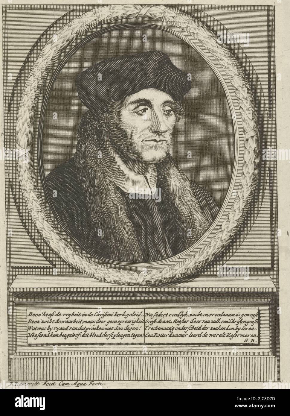 Portrait bust in oval to the right of Desiderius Erasmus, wearing beret ...