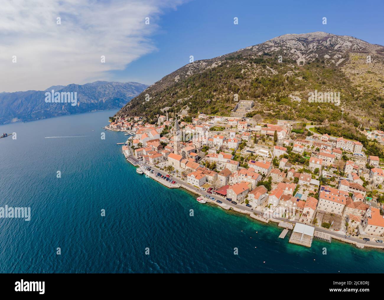 Scenic panorama view of the historic town of Perast at famous Bay of ...