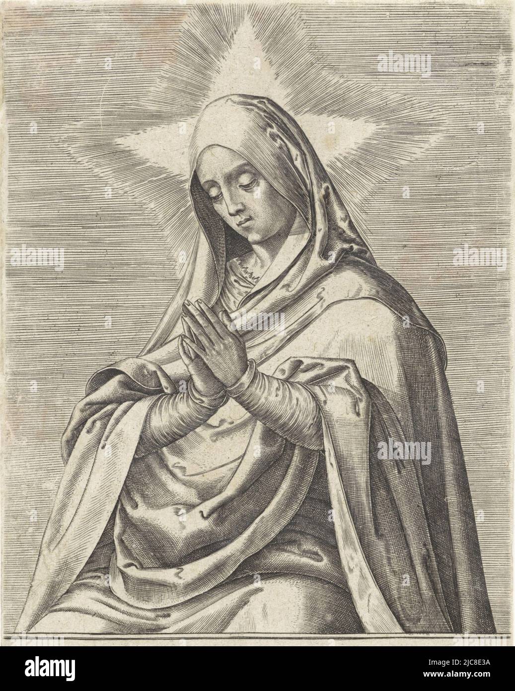 Mary has her hands folded in prayer. In the margin a two-line caption ...