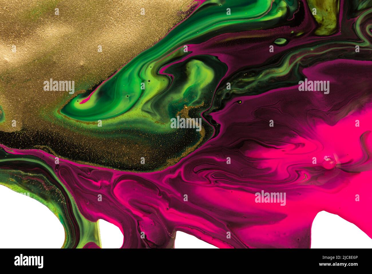 Gold dust spots on liquid fluorescent paints background Stock Photo - Alamy