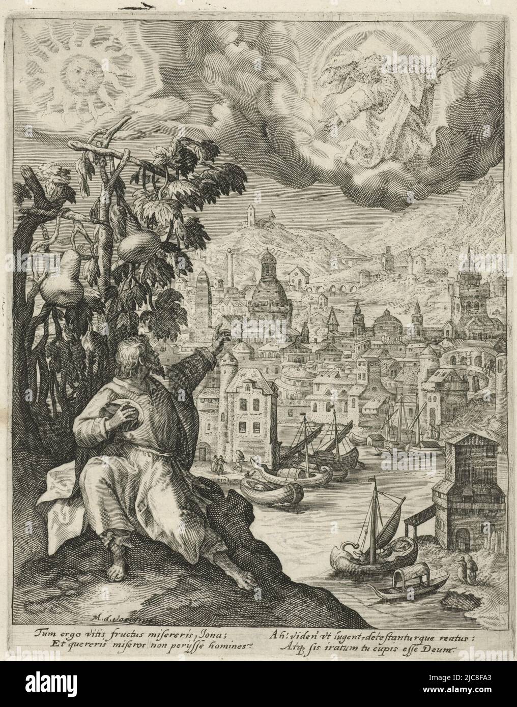 Jonah sits on a rock above the city of Nineveh and speaks to God. The ...