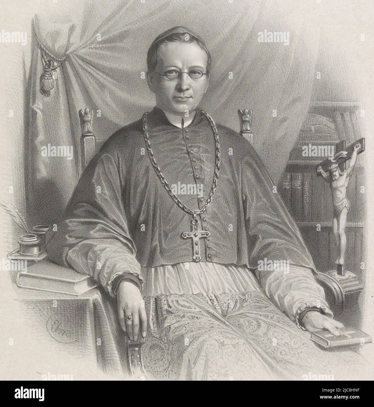 The person portrayed is sitting on a chair and leaning with his right ...