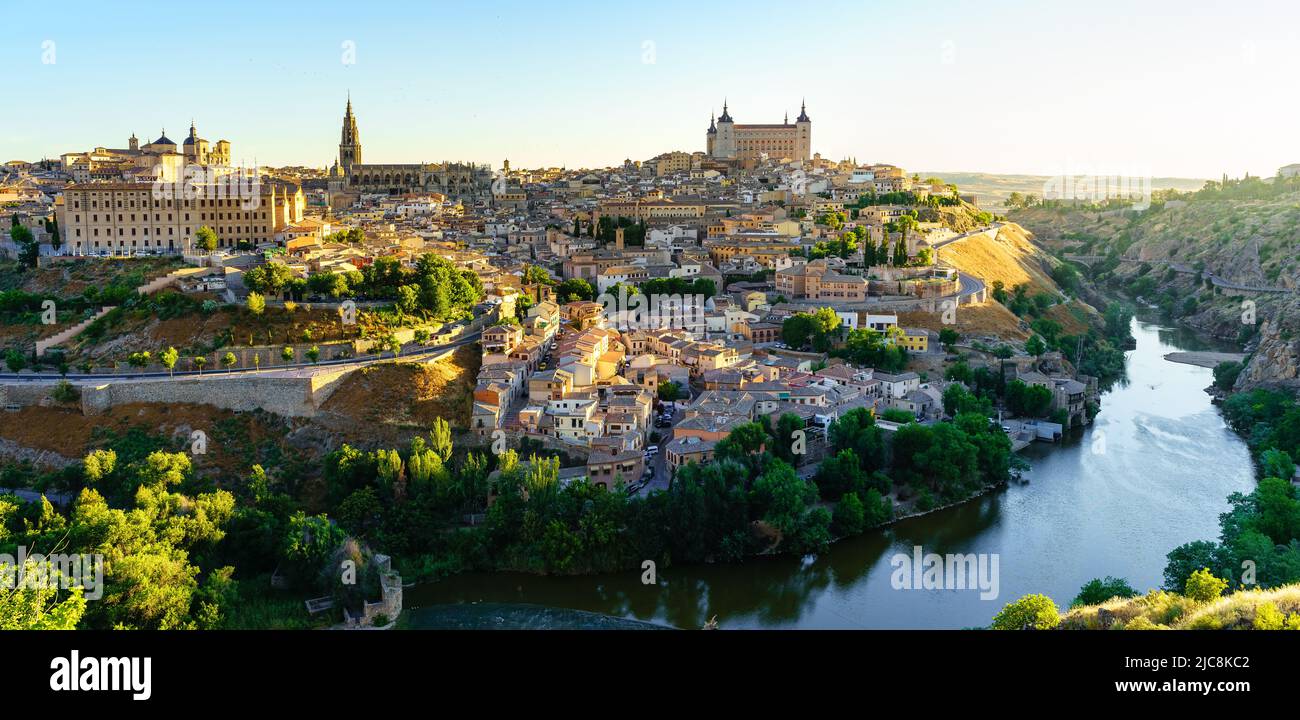 Aerial view of the medieval city of Toledo with the Tagus River at its ...