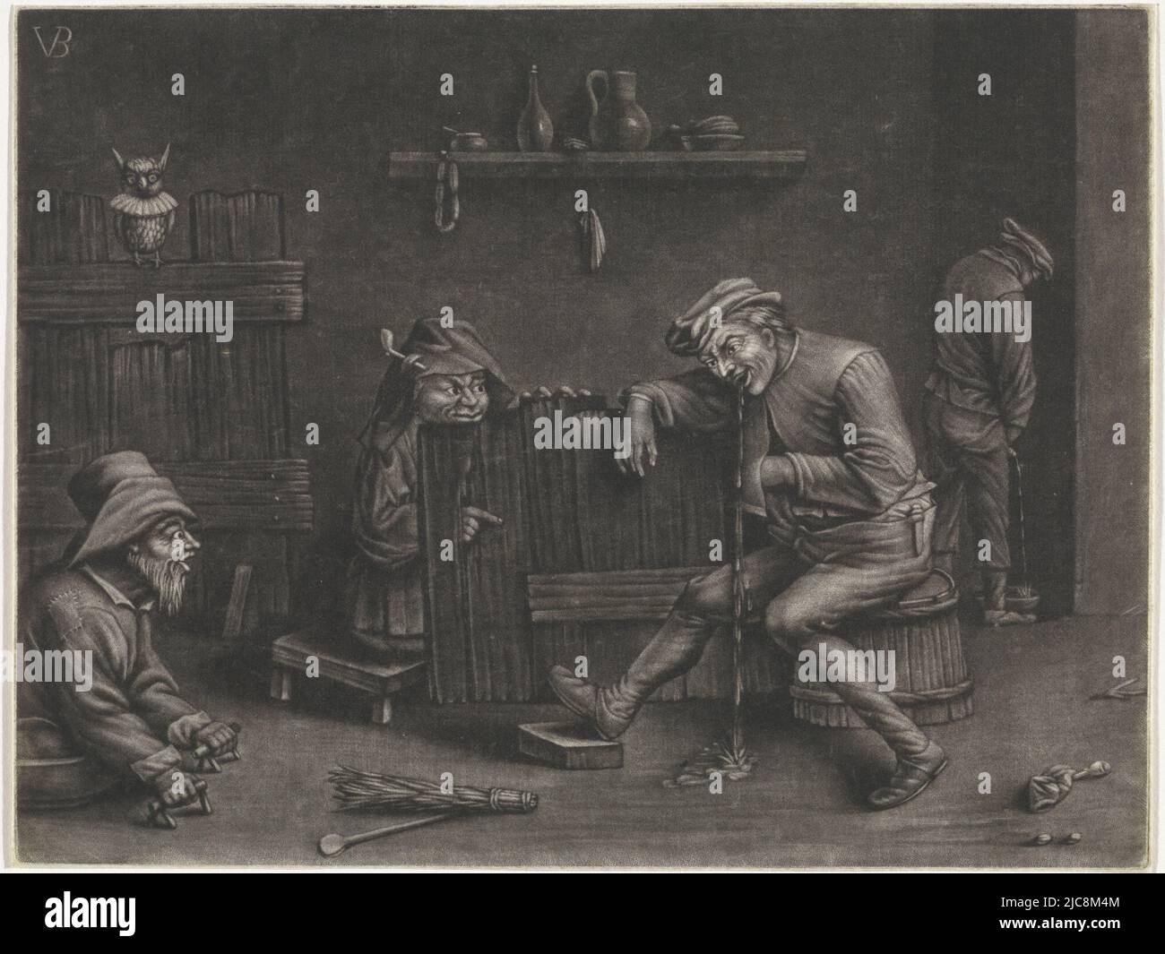 In a pub interior, a crippled man and a dwarf watch a vomiting man. In ...