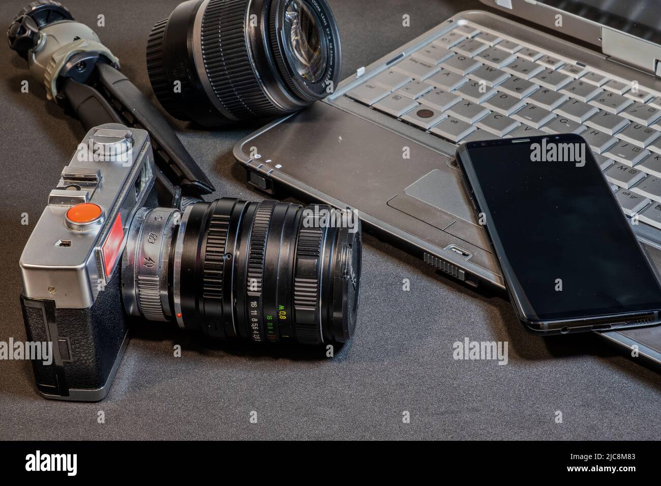 Composition, photo camera with various photographic objects Stock Photo ...