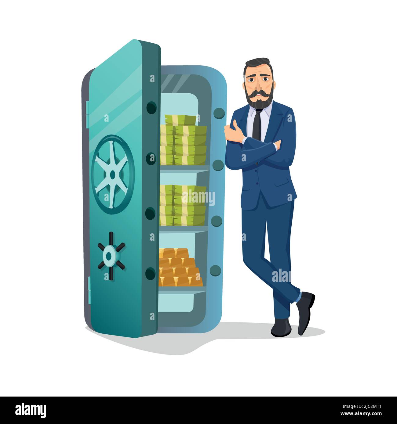 Businessman character standing near safe full of money and gold Stock ...