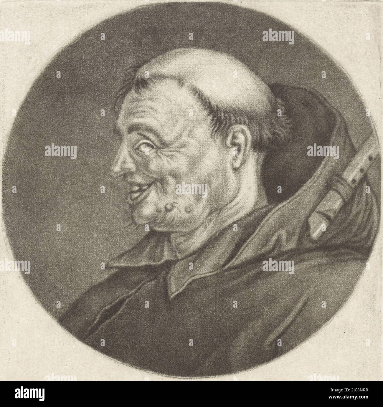 A monk with a flute in his hood. The print is part of a series with ...