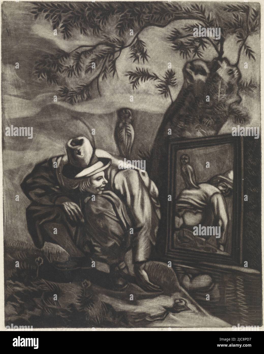 In a landscape, a man, crouching before a mirror, is doing his business ...