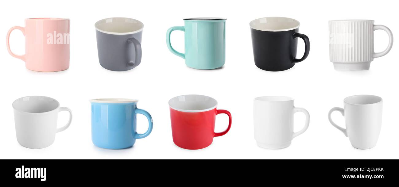 Set of colorful blank cups on white background. Mockup for design Stock ...