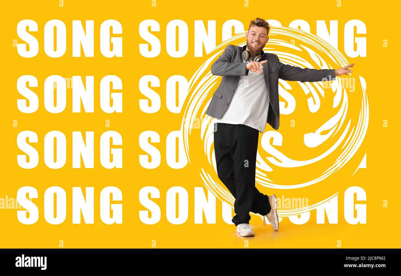 Cool dancing young man on yellow background with words SONG Stock Photo ...