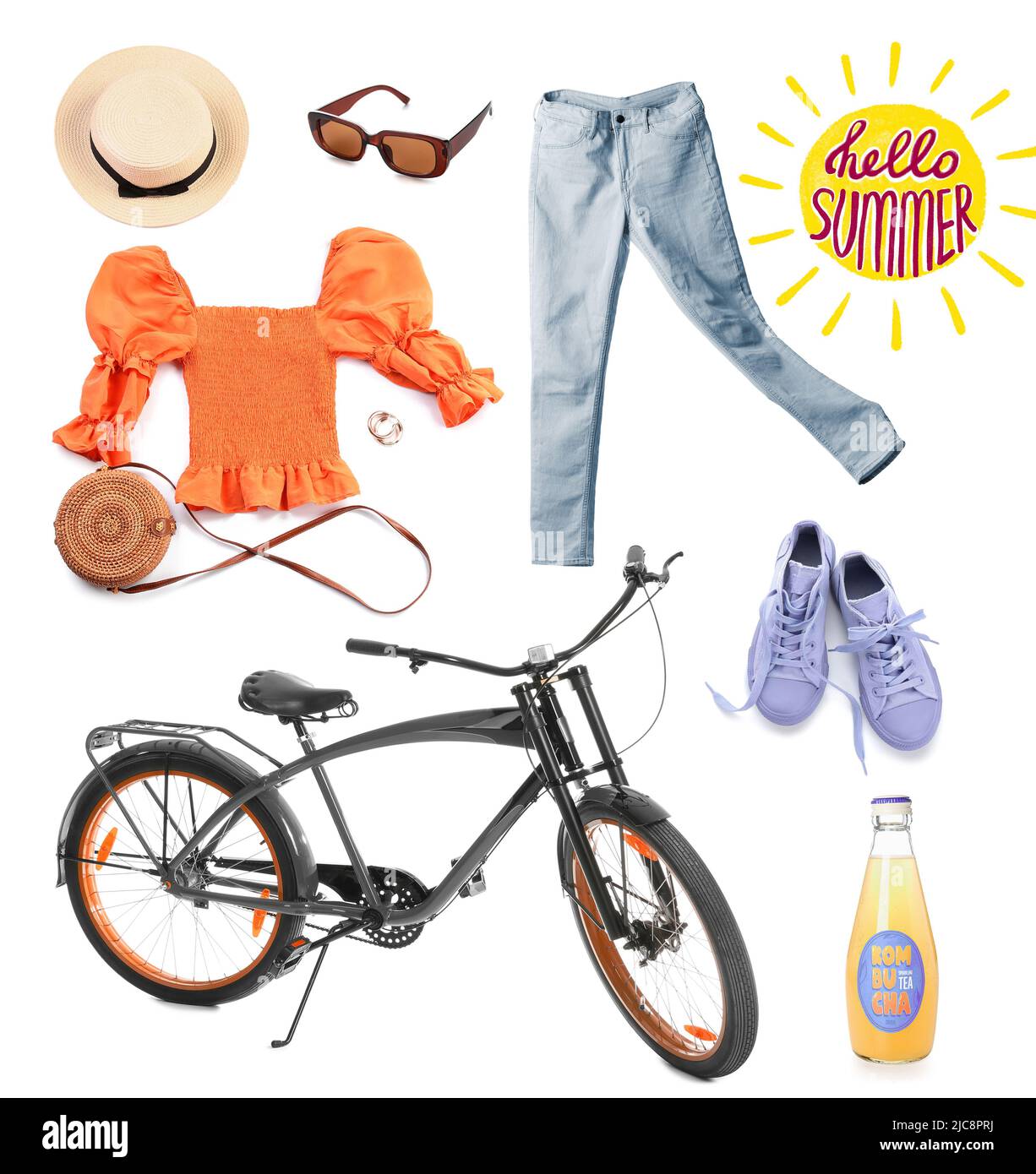 Set of stylish clothes and accessories with cold cocktail and bicycle ...