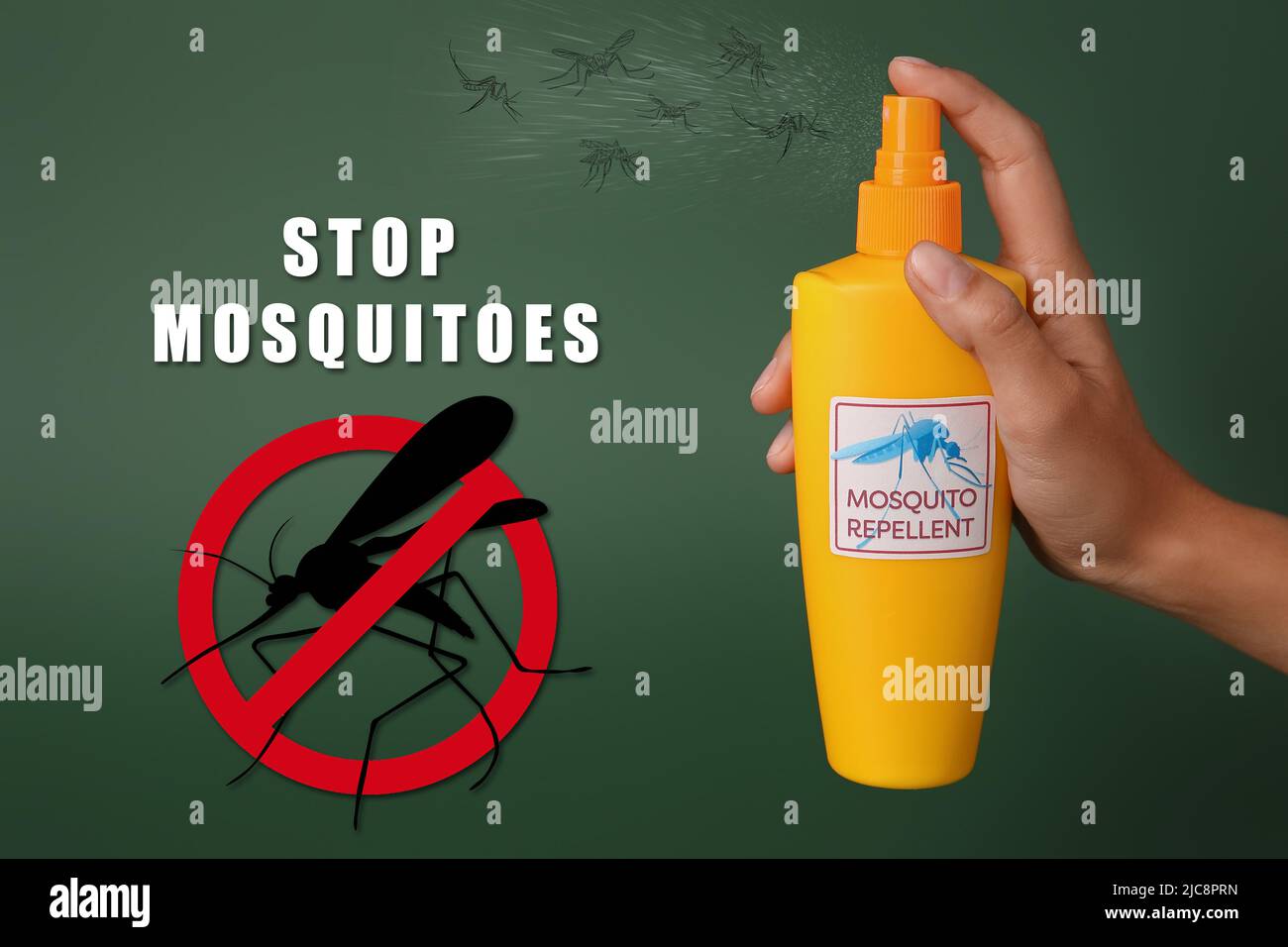 Hand with bottle of mosquito repellent on dark green background Stock ...