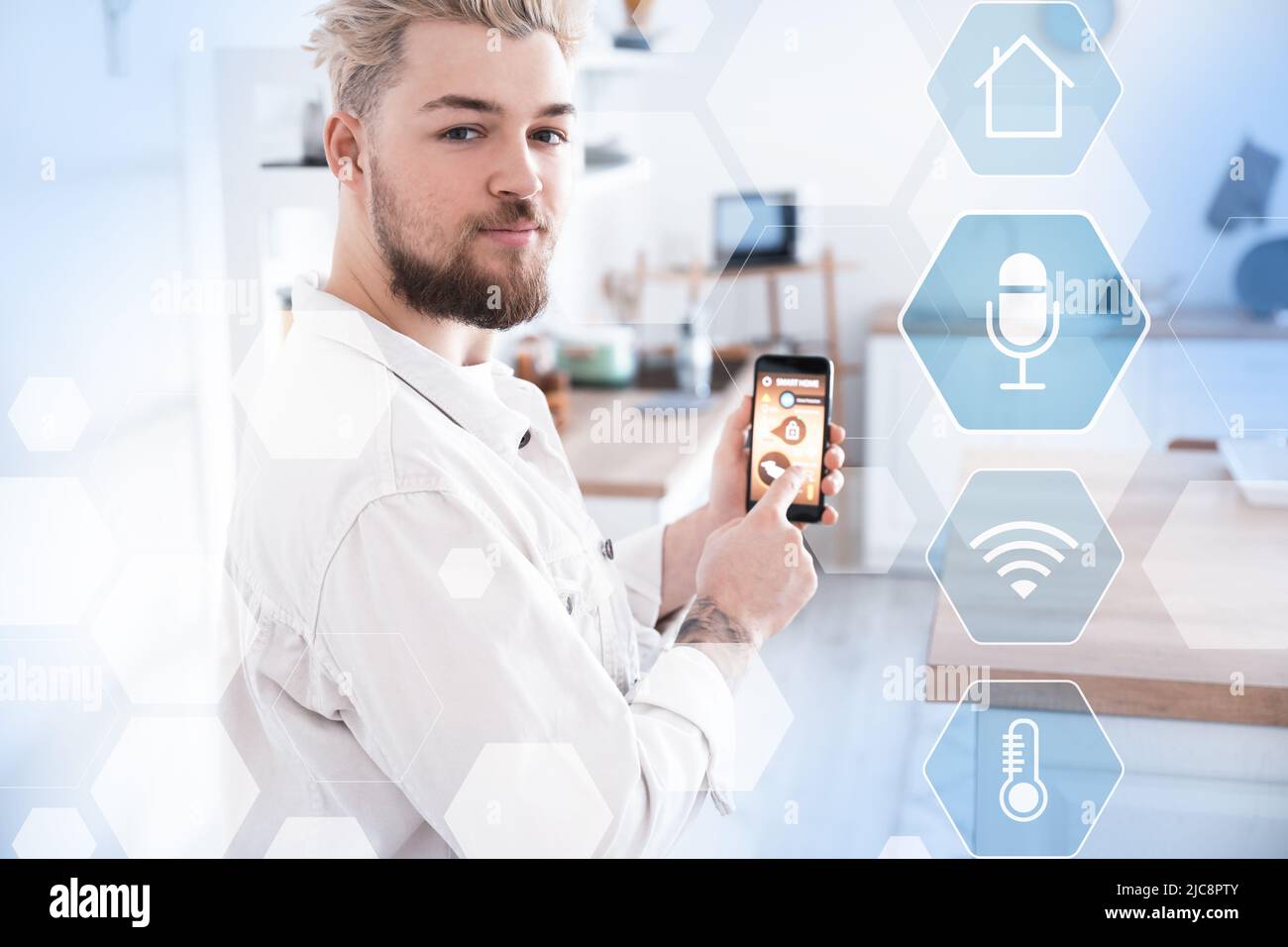 Man With Mobile Phone Using Application Of Smart Home Automation In