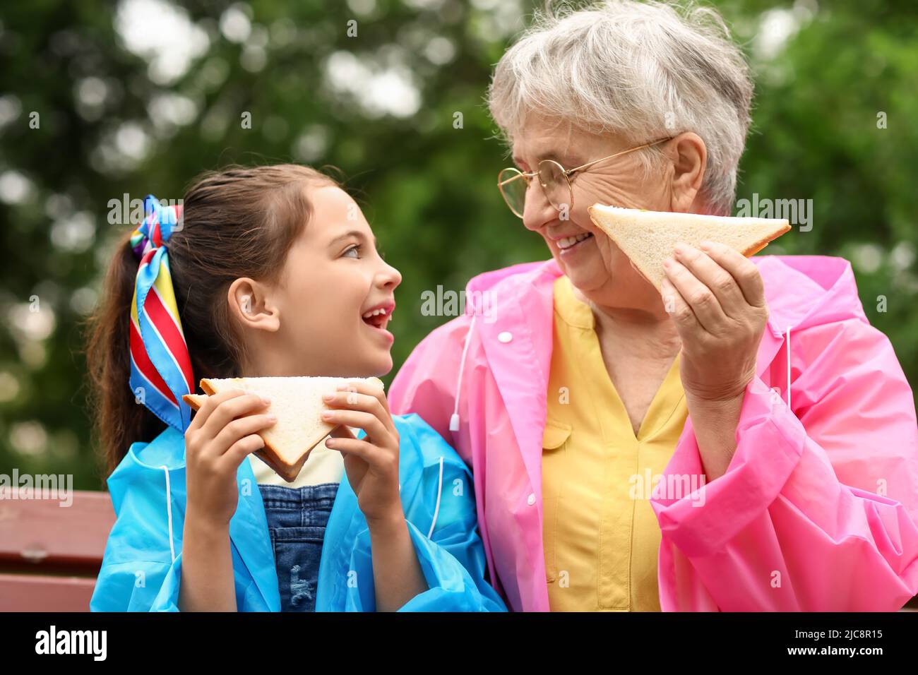 Little girl and her grandma eating sandwiches on bench in park Stock ...