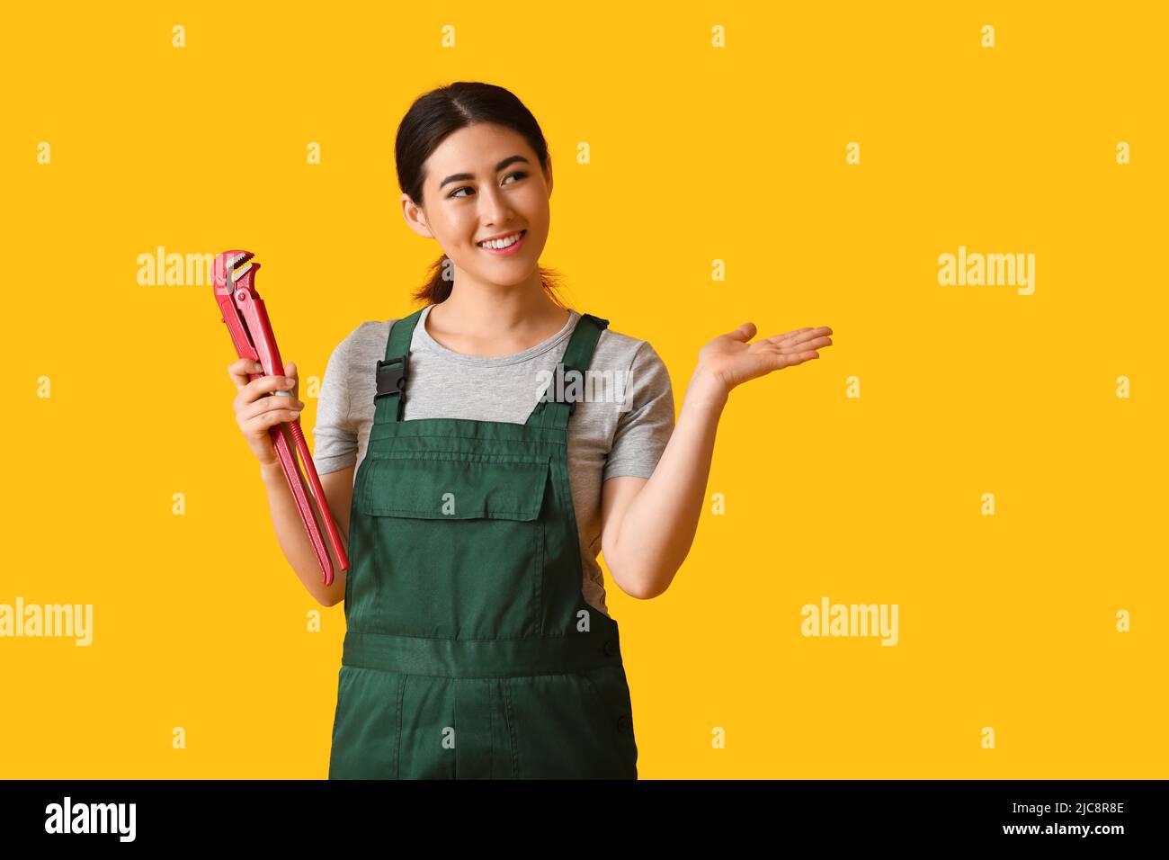 Asian female plumber with pipe wrench on yellow background Stock Photo ...