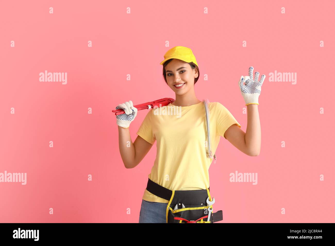 Female plumber with pipe wrench showing OK on pink background Stock ...