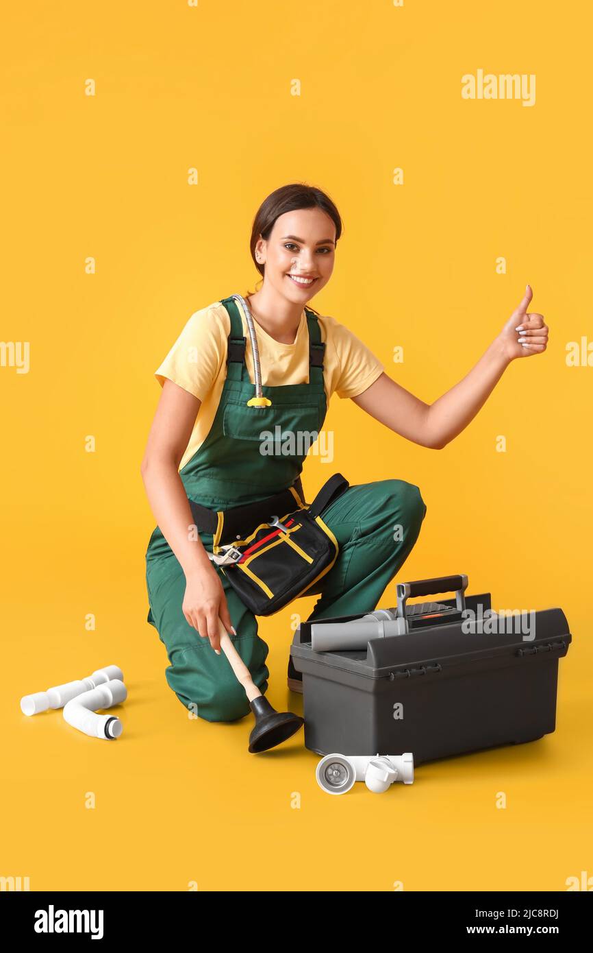 Female plumber with tools showing thumb-up on yellow background Stock ...