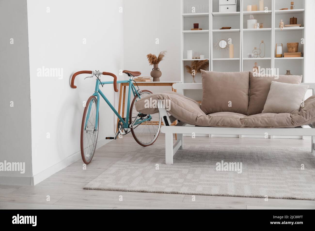 Interior of modern living room with bicycle, couch and shelving unit ...