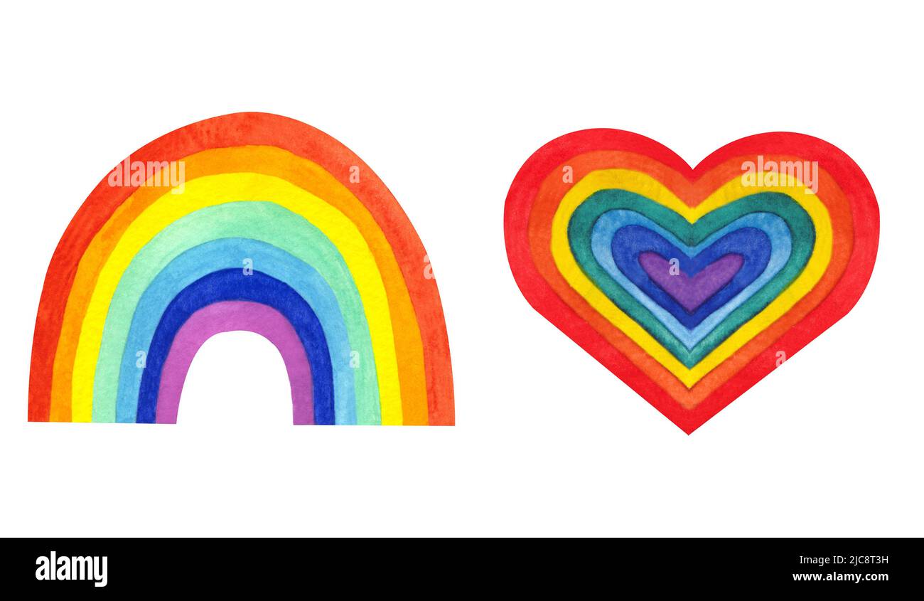 Watercolor rainbow and color heart.. Hand drawn colors stroke isolated ...