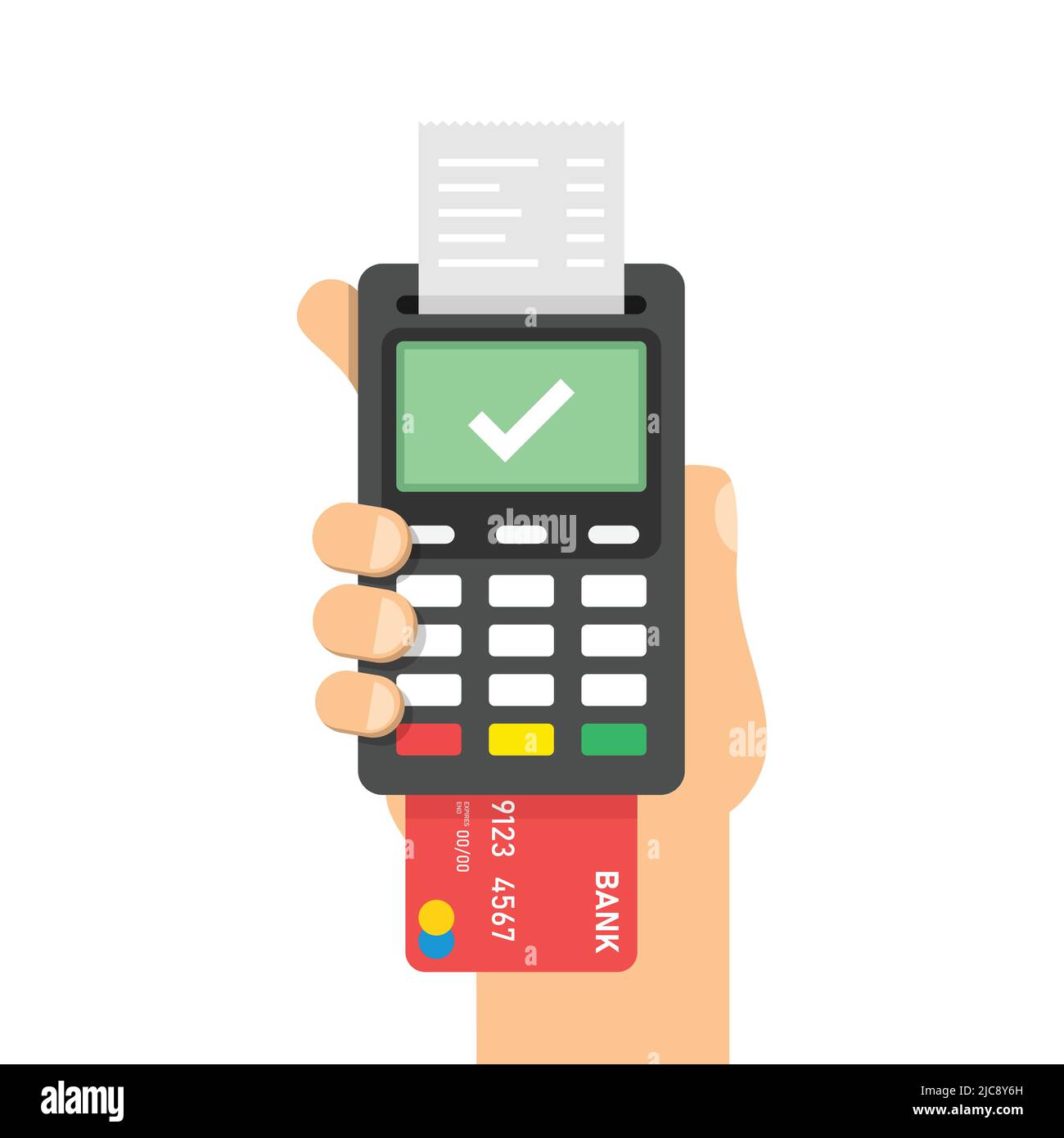 Male hand holding POS payment machine icon in flat style. Online ...