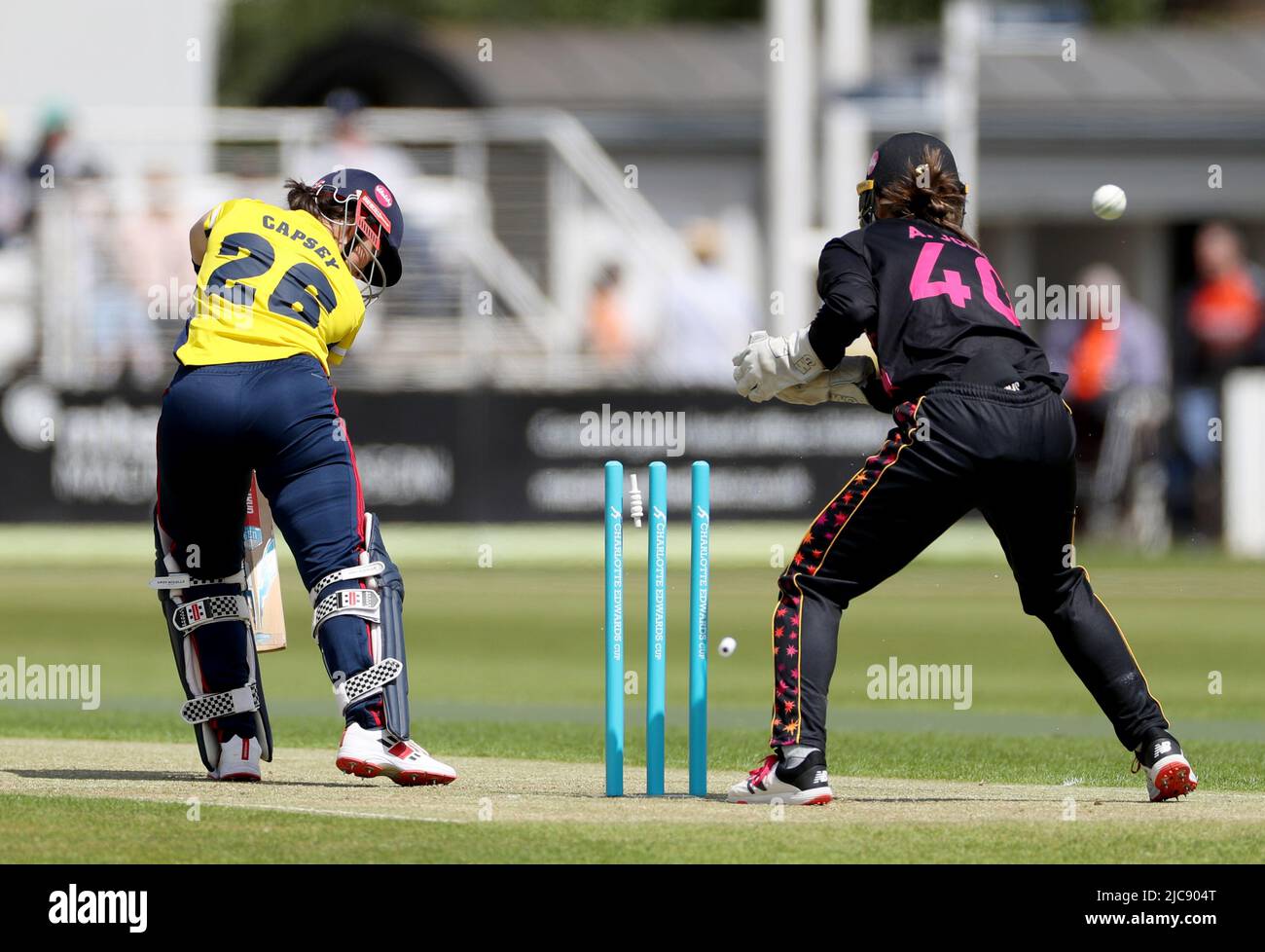 South East Stars’s Alice Capsey is bowled out and dismissed by Central ...