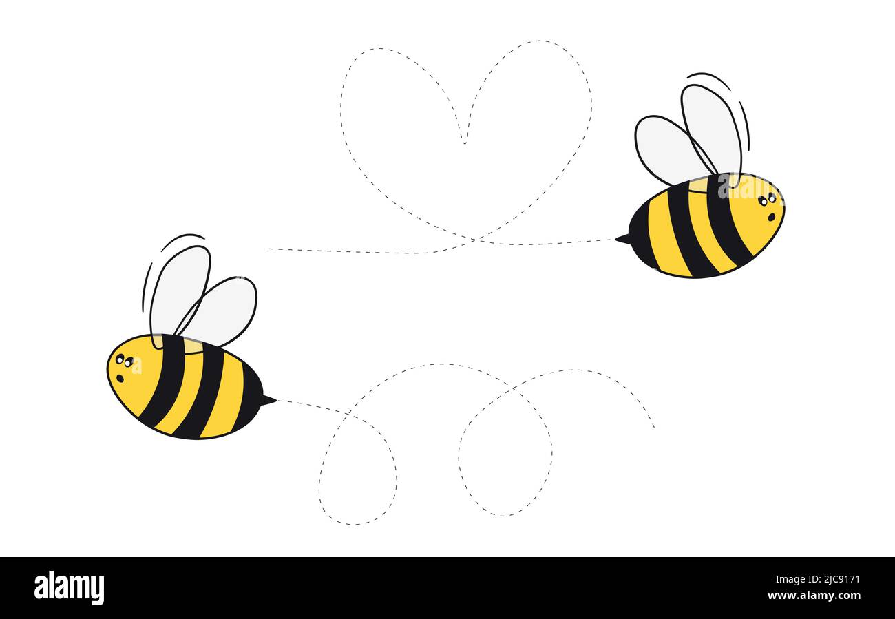 Set of cartoon bee mascot. A small bees flying on a dotted route. Wasp ...