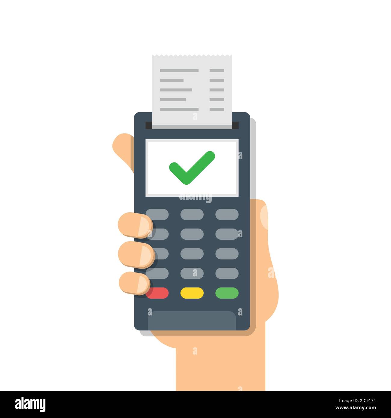 Male hand holding POS payment machine icon in flat style. Online ...