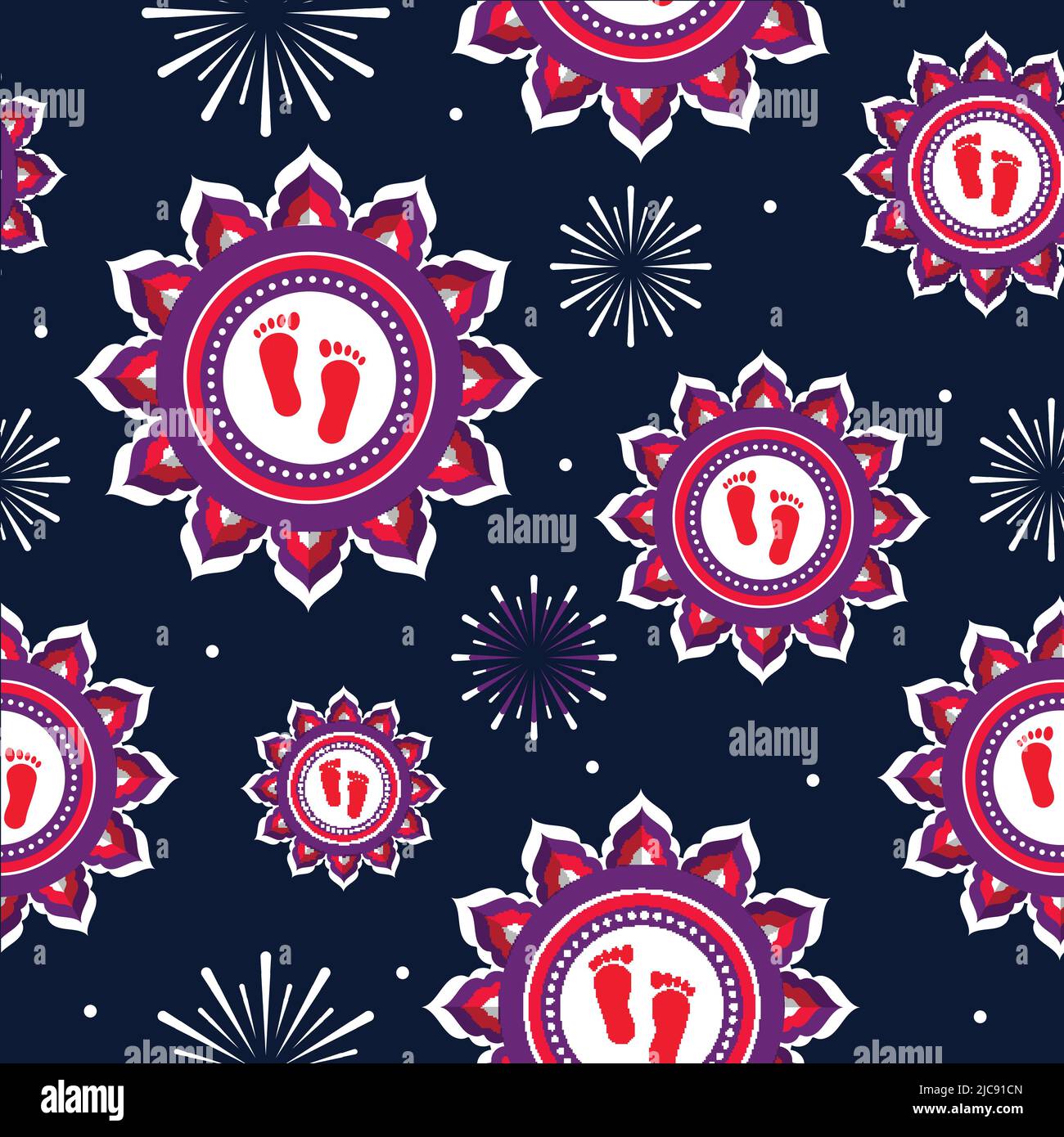 Seamless Pattern Of Mandala With Lakshmi Footprints And Fireworks On ...