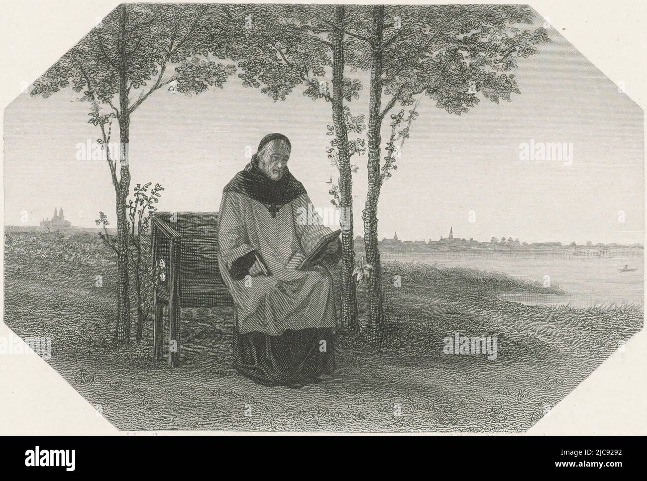 Thomas a Kempis sits writing under a tree. In the background the ...