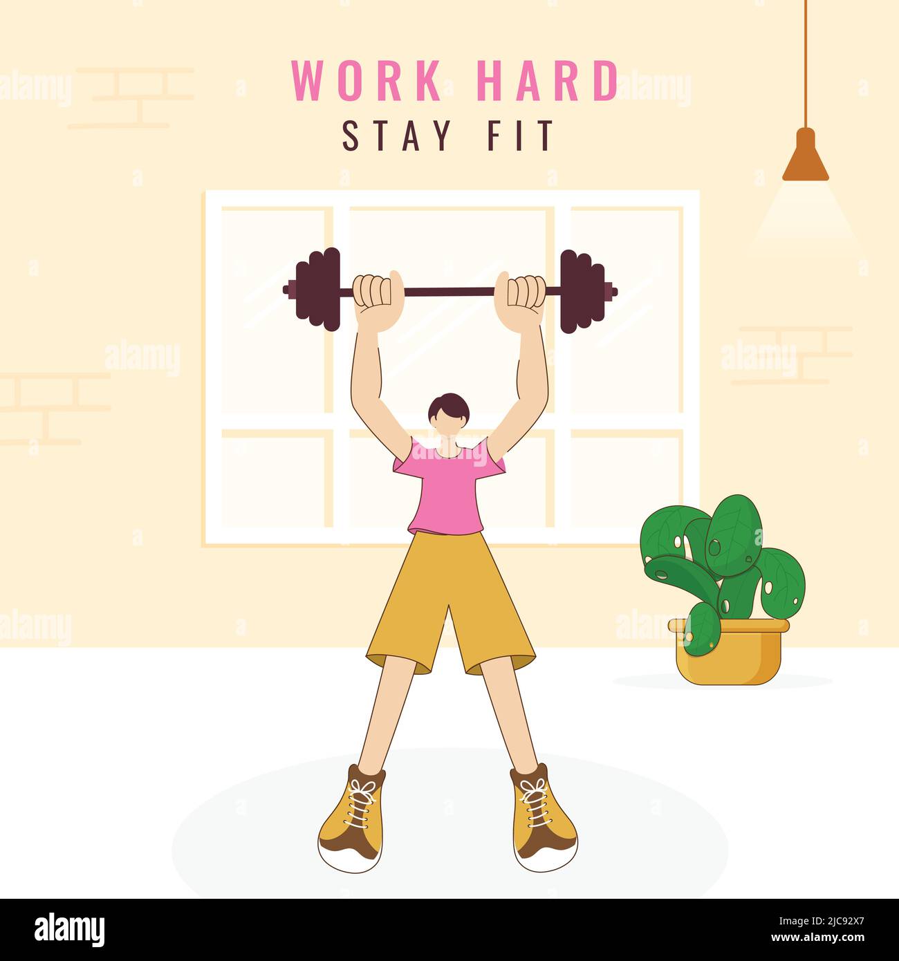 Cartoon Man Exercising With Barbell At Home And Plant Pot For Work Hard ...
