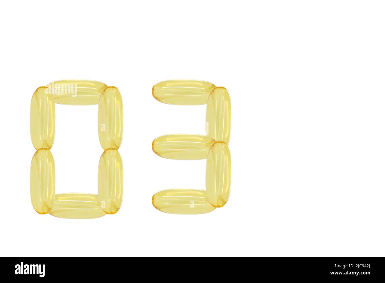O3 symbol made with gelatin capsules with omega 3, isolated on white ...