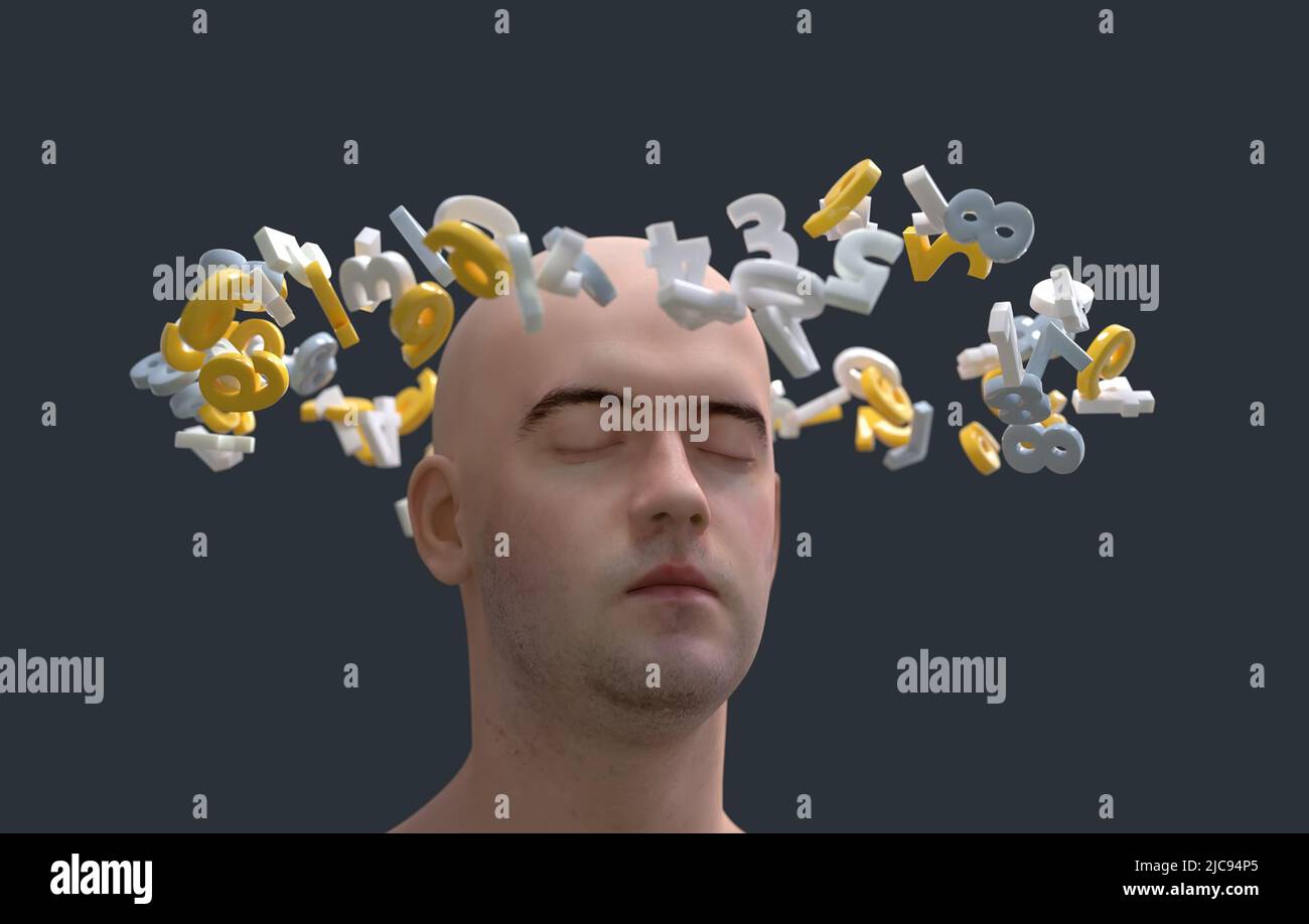 man with digits orbiting around his head Stock Photo - Alamy