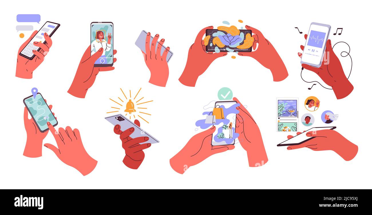 Hands holding smartphone. People using mobile phones Stock Vector Image ...