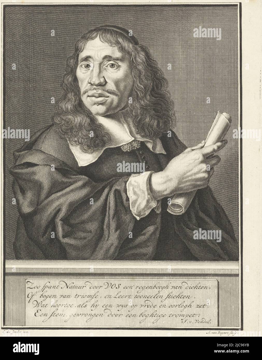 Portrait of the poet Jan Vos holding a roll of paper. Beneath the ...