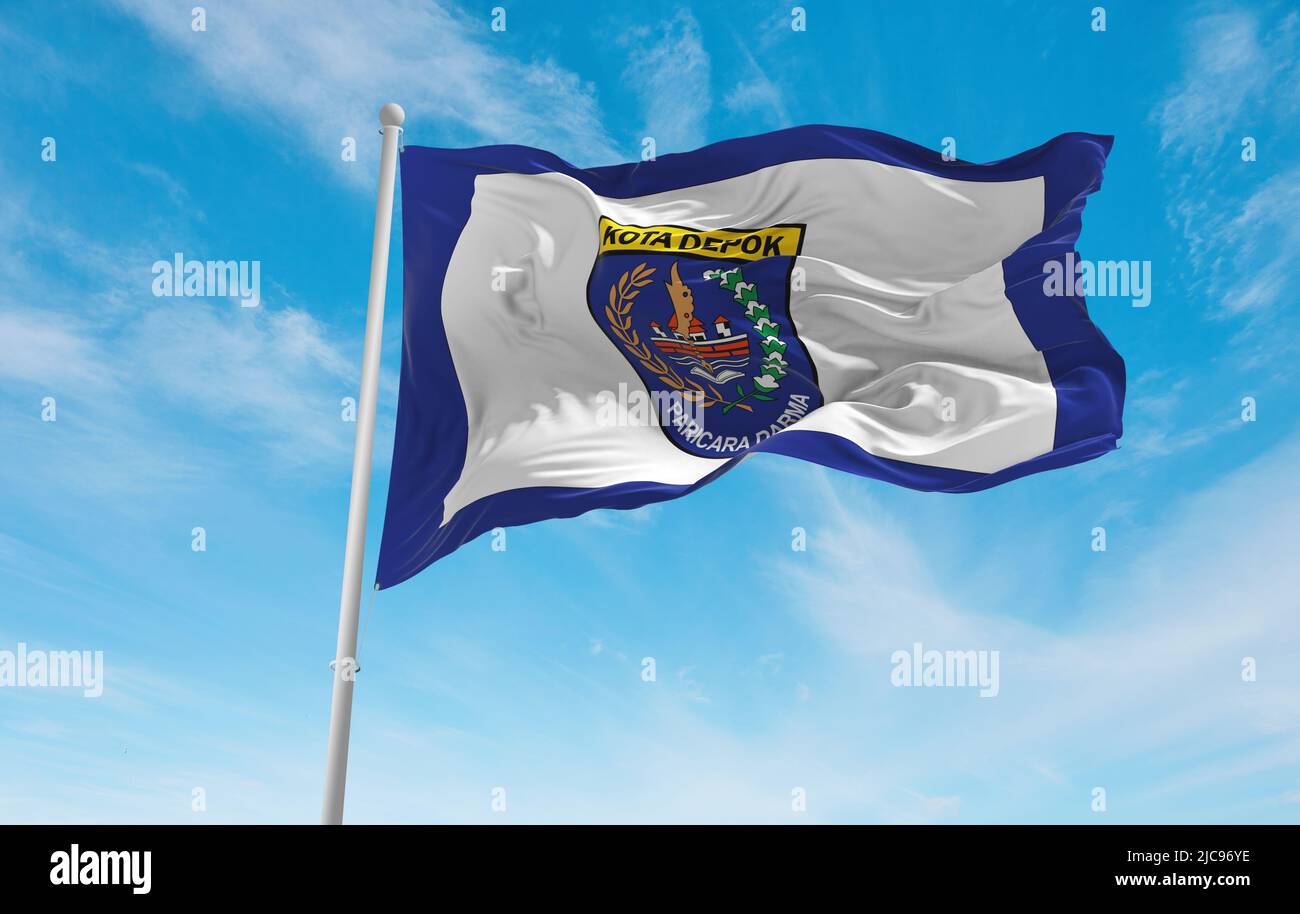 official flag of City Depok Indonesia at cloudy sky background on ...