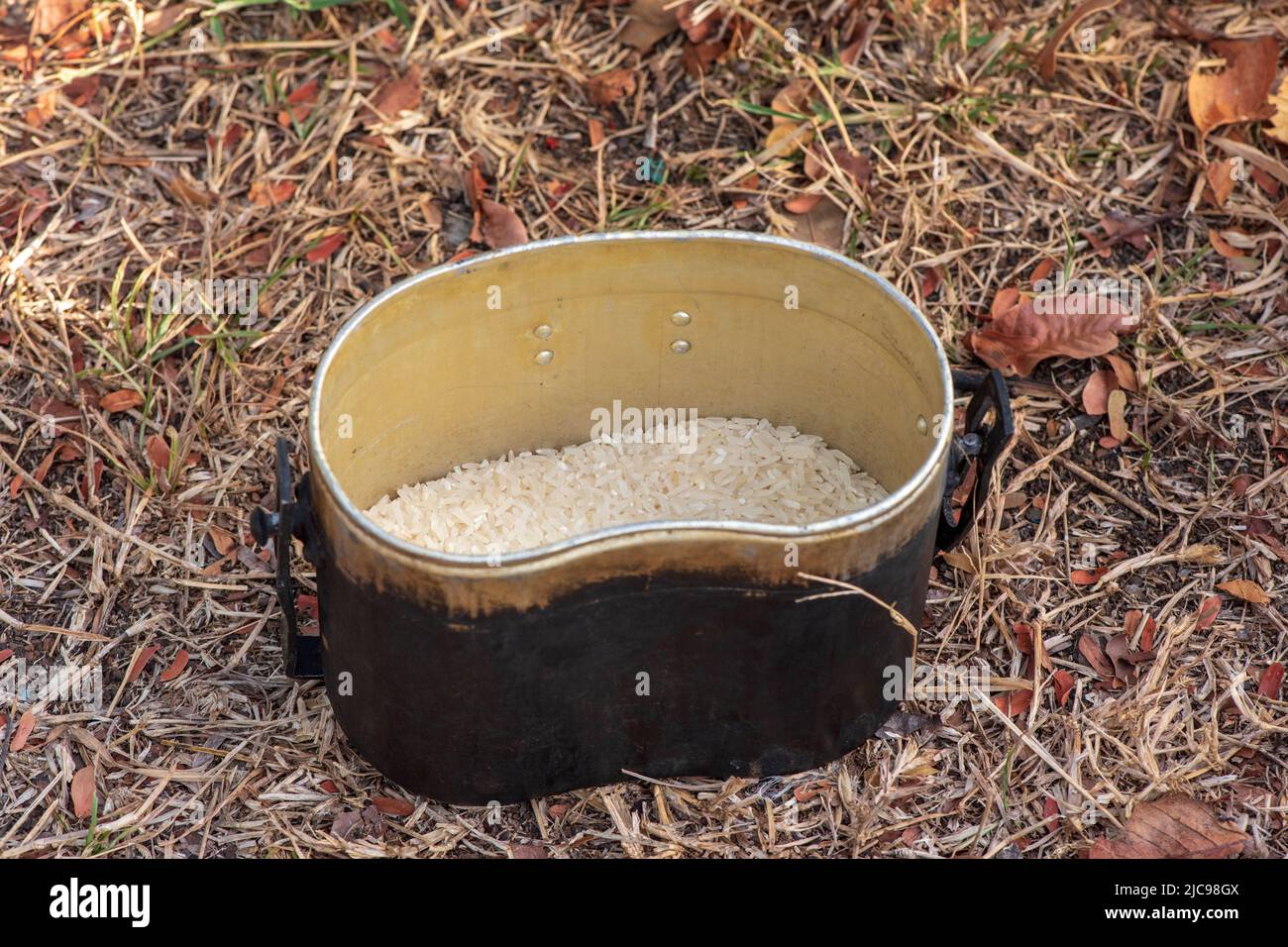 Camping and cooking food on vacation of children in rural areas Stock ...