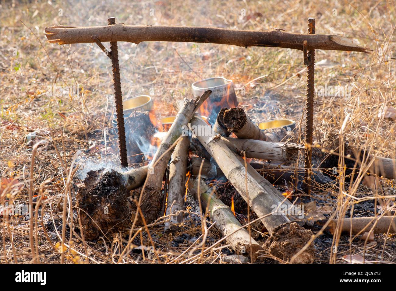 Camping and cooking food on vacation of children in rural areas Stock ...